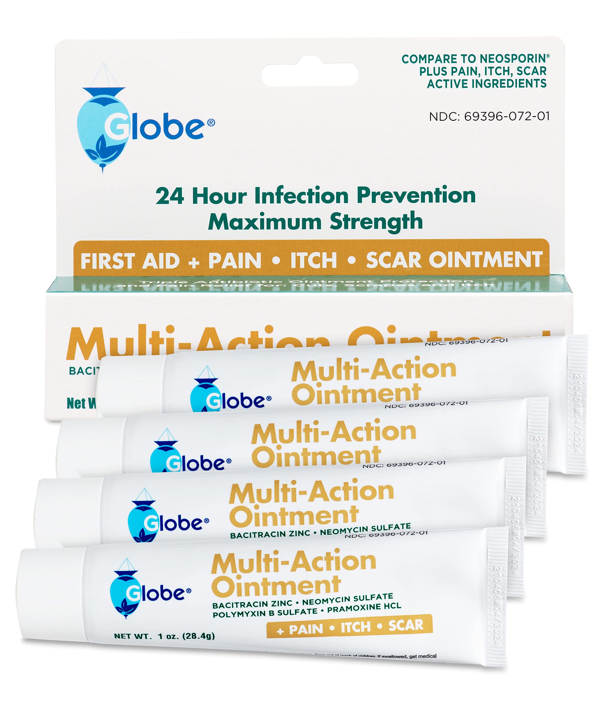 Globe (4 Pack) First Aid Antibiotic Pain-Relieving, Anti-Itch, & Scar Ointment with Neomycin, Bacitracin Zinc, Pramoxine HCl & Polymyxin B, for Minor Cuts, Scrapes & Burns,