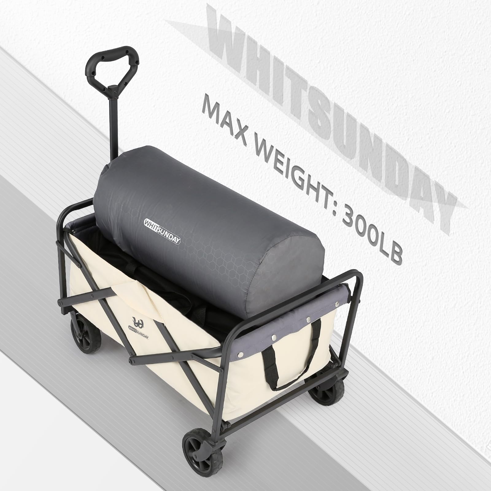 WHITSUNDAY Collapsible Folding Garden Outdoor Park Utility Wagon Picnic Camping Cart 5β Solid Rubber Wheels (Beige, M-Foldable)