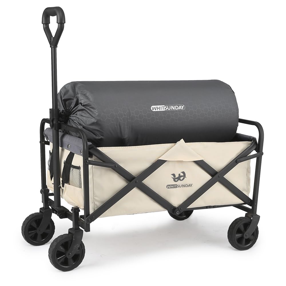 WHITSUNDAY Collapsible Folding Garden Outdoor Park Utility Wagon Picnic Camping Cart 5“ Solid Rubber Wheels (Beige, M-Foldable)