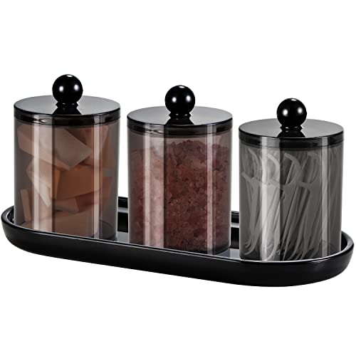 Qtip Holder Bathroom Set with Tray(4PCS) - 3 Pack Acrylic Plastic Apothecary Jars Qtip Dispenser Canister with Lid and Labels, 1 Pack Bathroom Vanity Tray, for Cotton Ball, Cotton Swab (Black)