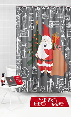 17-Piece Christmas Holiday Bathroom Accessory Set with | Resin Liquid Soap Pump| Bath Rug | Shower Curtain | 12 Curtain Hooks | 2 Hand Towels| Gift Box Set | Xmas Decor (Silly Santa)