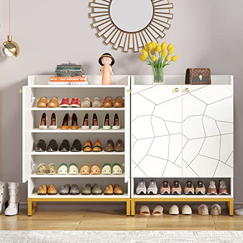 Tribesigns Shoe Cabinet, 6-Tiers Shoe Storage Cabinet with Doors for Entryway, White Gold Free Standing Shoe Cabinet Storage Organizer with Open Shelf for Living Room, Bedroom,Closet