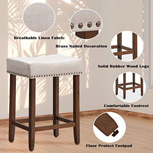 ERGOMASTER Counter Height Bar Stools Set of 2 Backless Fabric Barstools 24-Inch Modern Wood Saddle Bar Stools with Nailhead Trim for Kitchen Island Counter Tabel - Beige/Brown,2-Pack