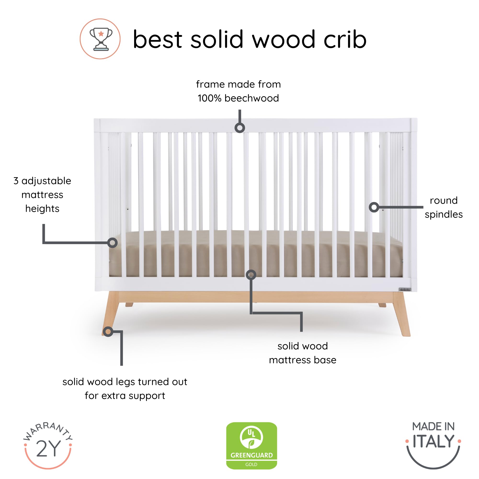 dadada Baby Soho 3-in-1 Convertible Crib – Made in Italy, GREENGUARD Gold, Adjustable Mattress Height, Solid Beechwood – Baby-Safe Finish, Modern Design 53.15 x 29.95 x 36.7 in (White + Natural)