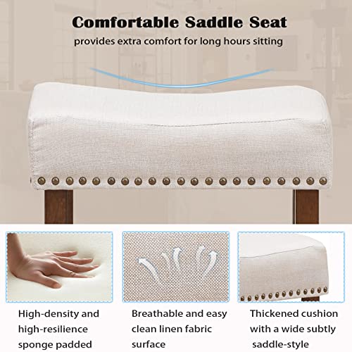 ERGOMASTER Counter Height Bar Stools Set of 2 Backless Fabric Barstools 24-Inch Modern Wood Saddle Bar Stools with Nailhead Trim for Kitchen Island Counter Tabel - Beige/Brown,2-Pack