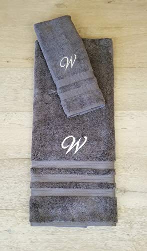 Liberty21 Luxury Embroidered Bath & Hand Towels, 100% Cotton. Custom Monogrammed Personalized Embroidered Towels. Set Includes 1 Bath Towel and 1 Hand Towel. (Grey)