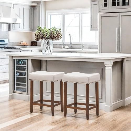 ERGOMASTER Counter Height Bar Stools Set of 2 Backless Fabric Barstools 24-Inch Modern Wood Saddle Bar Stools with Nailhead Trim for Kitchen Island Counter Tabel - Beige/Brown,2-Pack