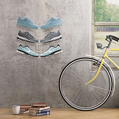 mDesign Modern Metal Shoe Organizer Display & Storage Shelf Rack - Adjustable Shelves Hang & Store Kicks, Running, Basketball, Trainers, Tennis Shoes - 3 Tier, Wall Mount - Holds 6 Shoes - Satin
