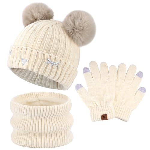 Toddler Boys Girls Winter Warm Knit Beanie Hat Touchscreen Gloves Neck Scarf with Fleece Cap for 3 4 5 6 7 Year Kid Gifts