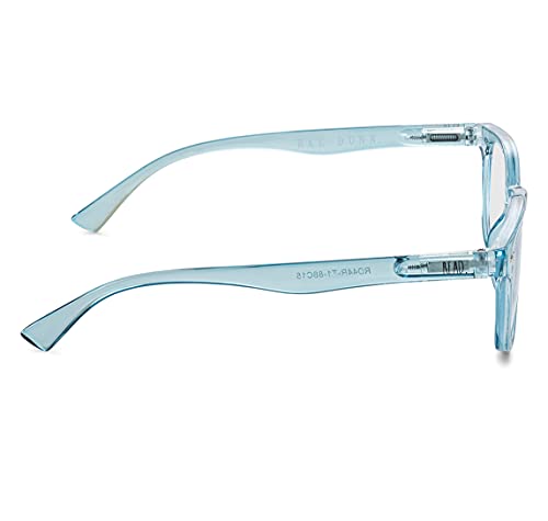 Rae Dunn "JUDY Blue Light Blocking Reading Glasses w/READ MORE Signature Font Microfiber Case (Crystal Dusty Blue, 2.0)