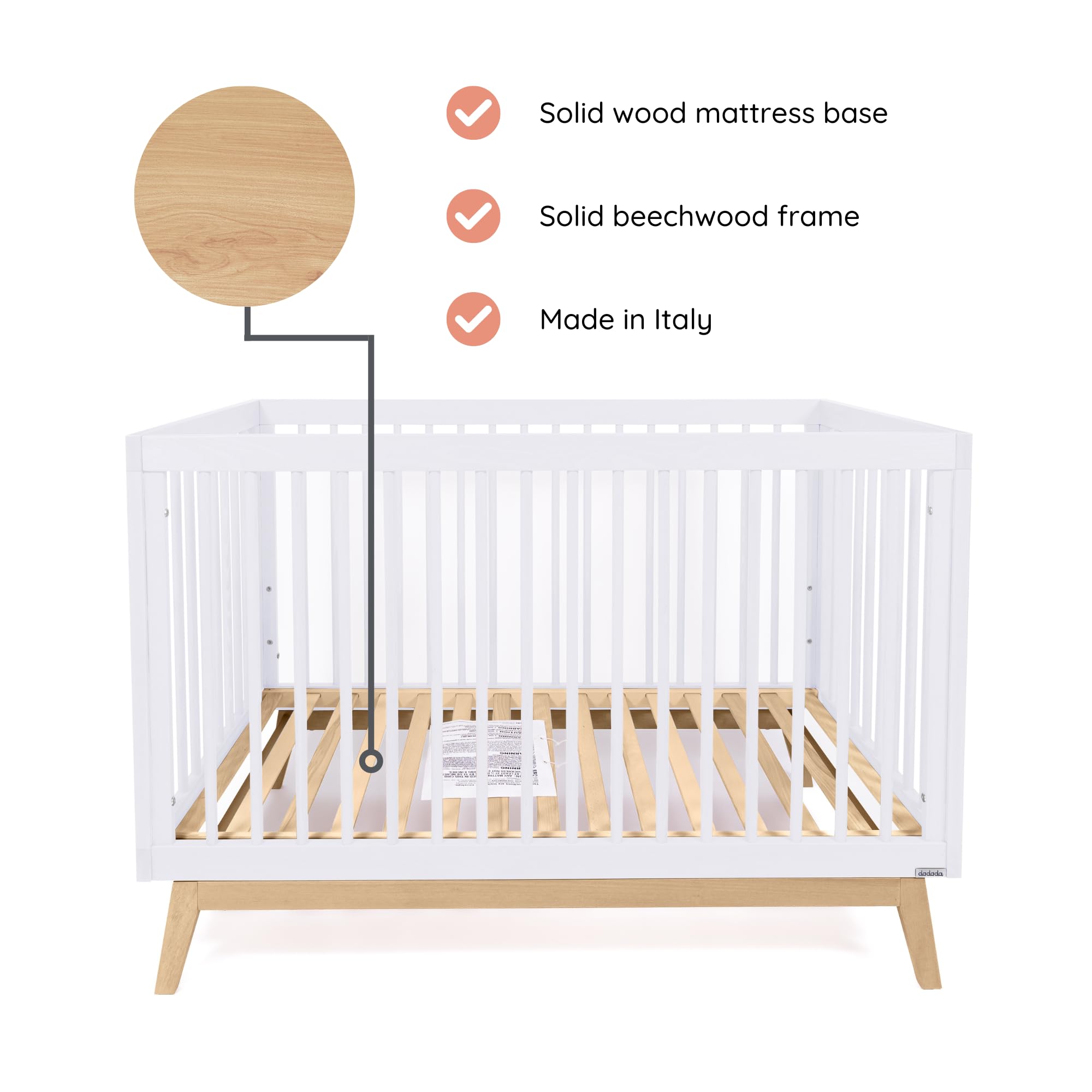 dadada Baby Soho 3-in-1 Convertible Crib – Made in Italy, GREENGUARD Gold, Adjustable Mattress Height, Solid Beechwood – Baby-Safe Finish, Modern Design 53.15 x 29.95 x 36.7 in (White + Natural)