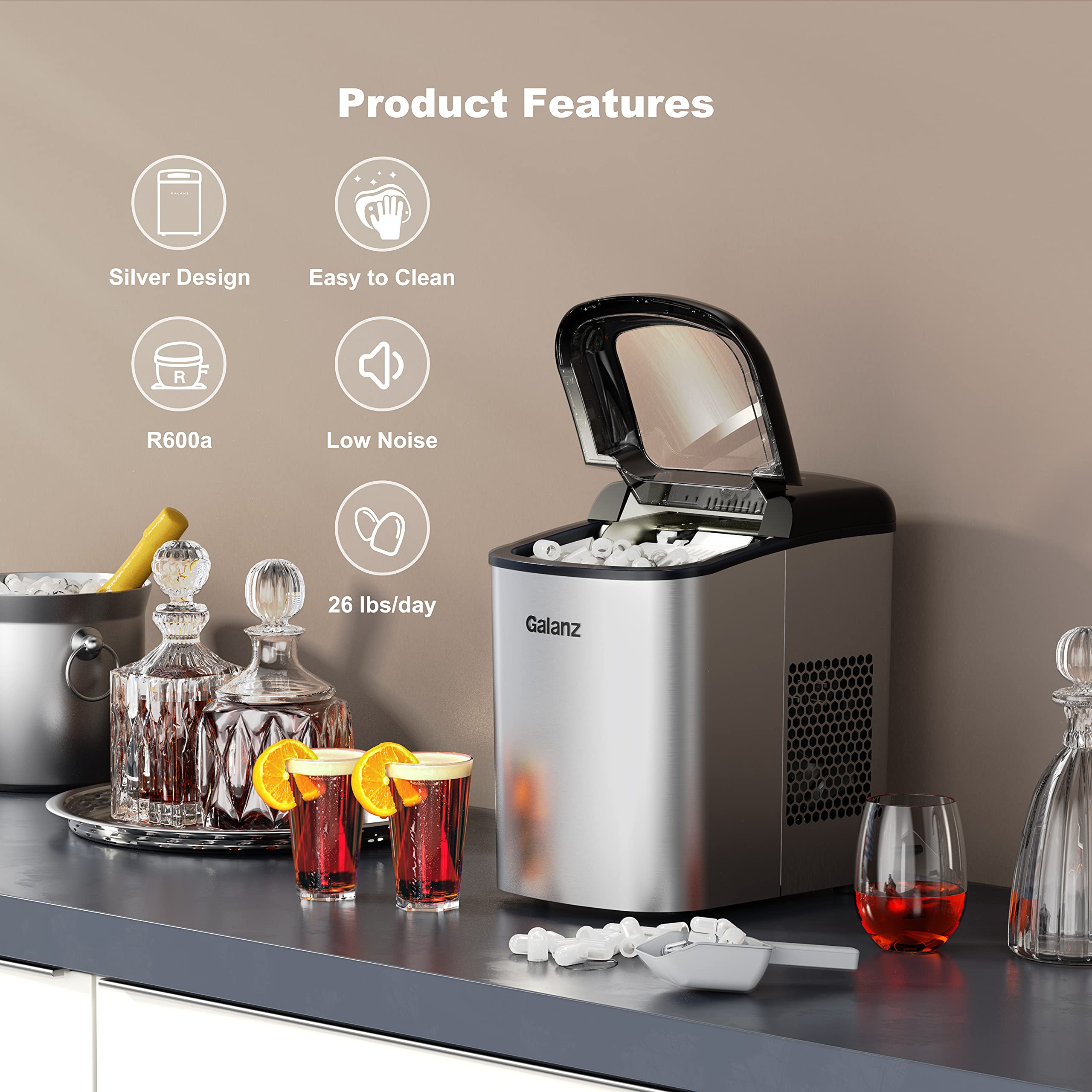 Galanz Portable Countertop Electric Ice Maker Machine, 26 lbs in 24 Hours, 9 Bullet Shaped Cubes Ready in 7 Minutes, 2 Ice Sizes, Perfect for Parties & Home Bar, 2.1 L Stainless Steel