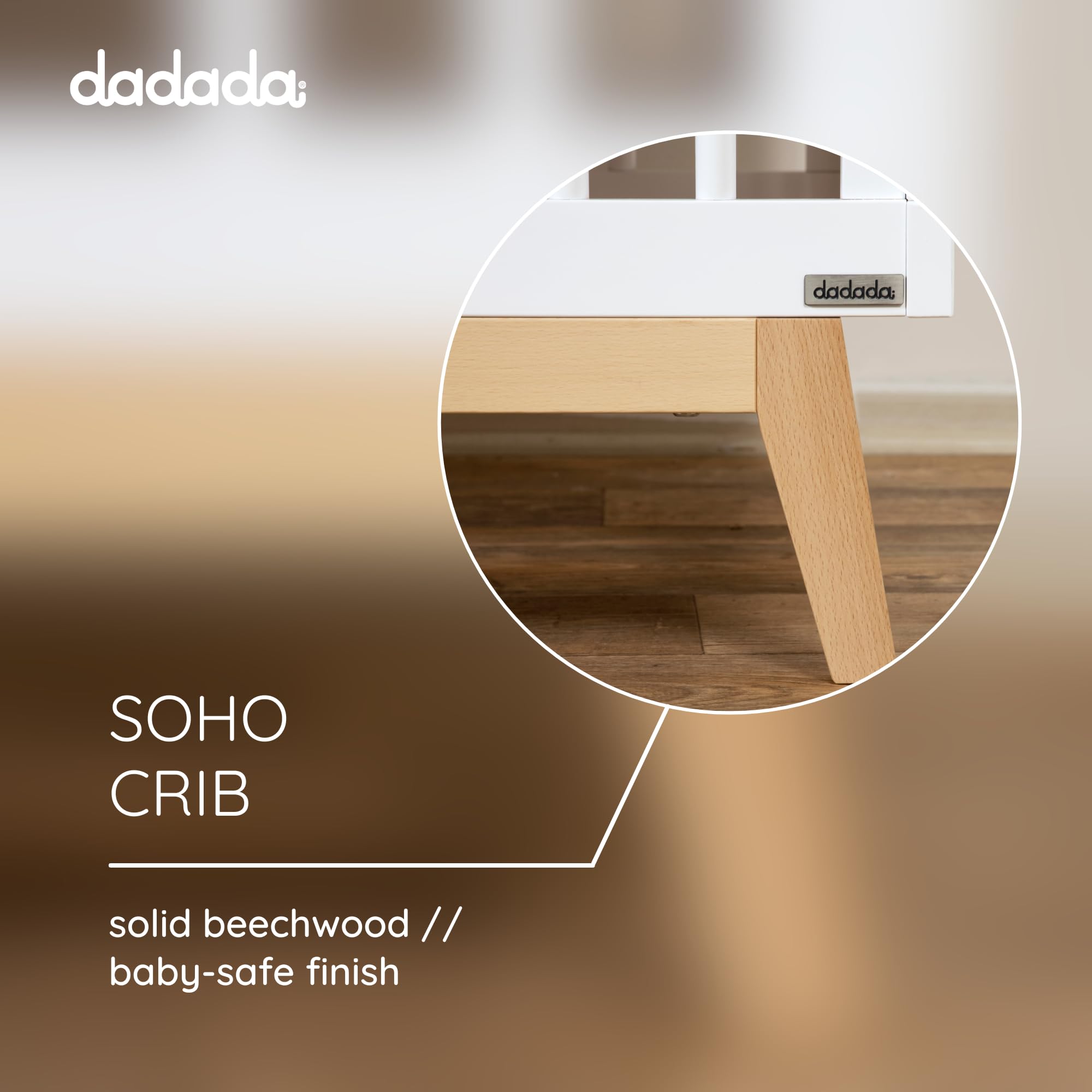 dadada Baby Soho 3-in-1 Convertible Crib – Made in Italy, GREENGUARD Gold, Adjustable Mattress Height, Solid Beechwood – Baby-Safe Finish, Modern Design 53.15 x 29.95 x 36.7 in (White + Natural)
