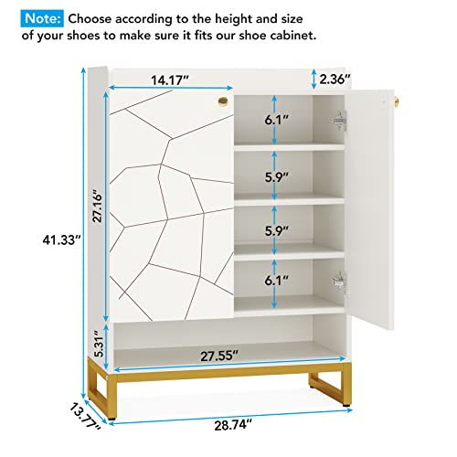 Tribesigns Shoe Cabinet, 6-Tiers Shoe Storage Cabinet with Doors for Entryway, White Gold Free Standing Shoe Cabinet Storage Organizer with Open Shelf for Living Room, Bedroom,Closet