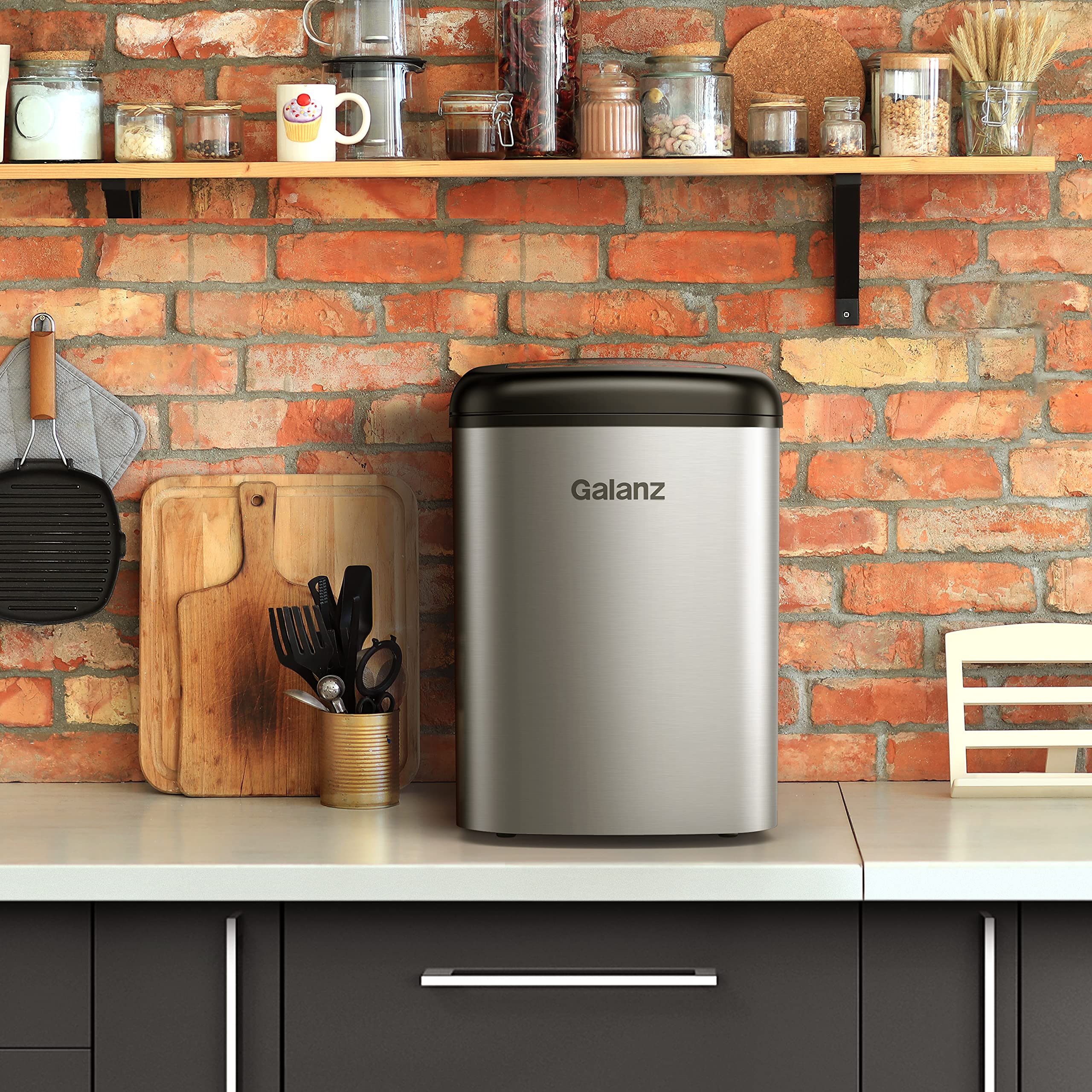 Galanz Portable Countertop Electric Ice Maker Machine, 26 lbs in 24 Hours, 9 Bullet Shaped Cubes Ready in 7 Minutes, 2 Ice Sizes, Perfect for Parties & Home Bar, 2.1 L Stainless Steel