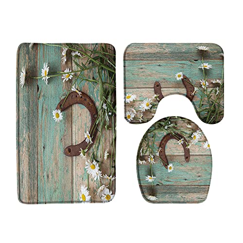 AMHNF 3 Piece Rustic Barn Door Bath Mat Sets Rusty Horseshoe White Daisy Flower Vintage Farmhouse Wooden Board Plank Retro Bathroom Doormat Rugs, Toilet Seat Cover, U-Shaped and Floor Mat