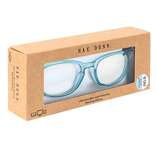Rae Dunn "JUDY Blue Light Blocking Reading Glasses w/READ MORE Signature Font Microfiber Case (Crystal Dusty Blue, 2.0)
