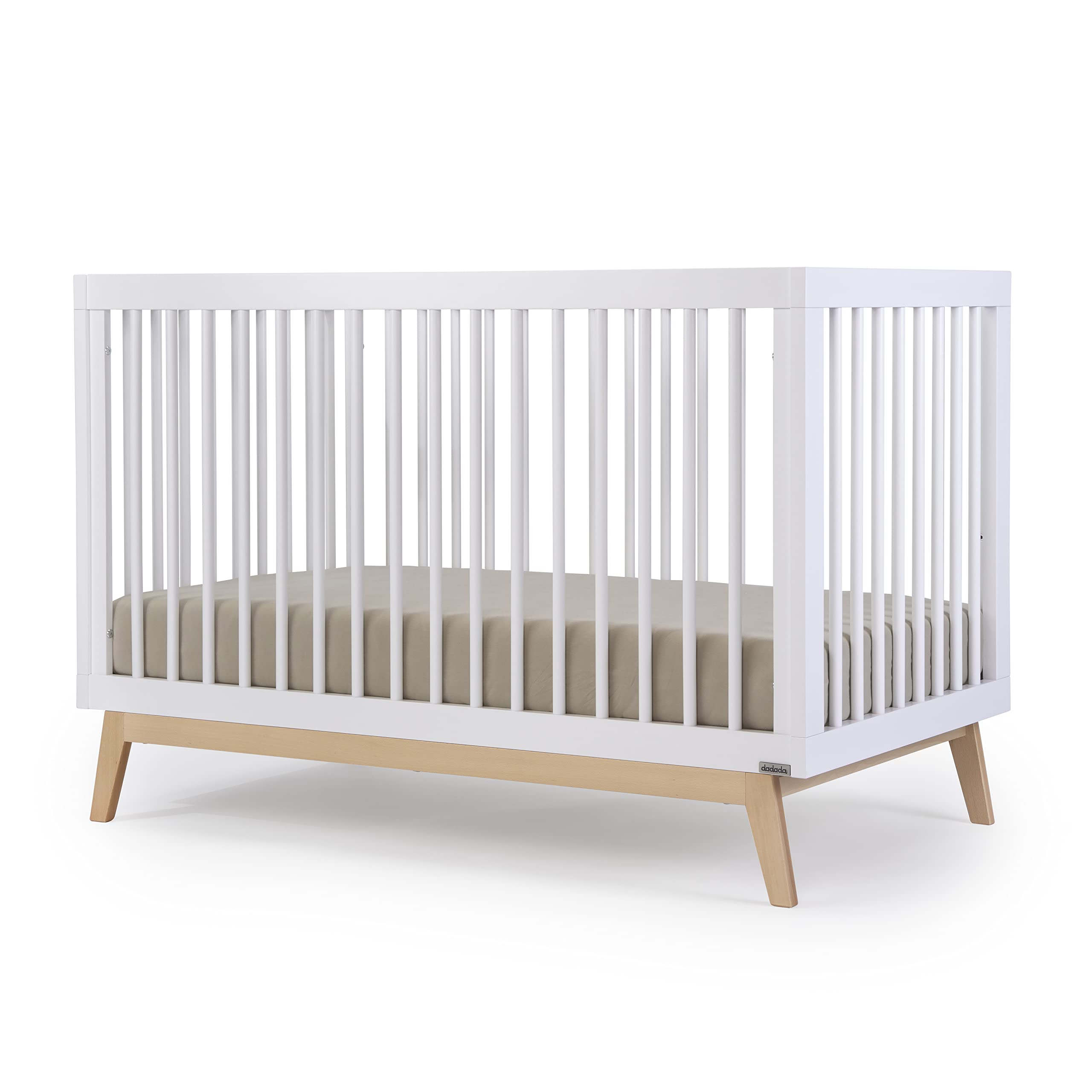 dadada Baby Soho 3-in-1 Convertible Crib – Made in Italy, GREENGUARD Gold, Adjustable Mattress Height, Solid Beechwood – Baby-Safe Finish, Modern Design 53.15 x 29.95 x 36.7 in (White + Natural)