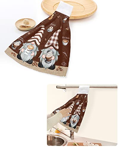 BOBOWUNY Brown Gnomes 2 Pcs Hanging Kitchen Hand Towels, Farmhouse Coffee Casual Time Super Soft Microfiber Tie Towels Aborbent Washcloth for Bathroom Oven Tea Bar