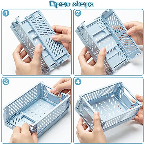 D1resion 4Pcs Mini Stackable Crates Decor Danish Pastel Aesthetic Stacking Folding Plastic Storage Crate Foldable Bin Baskets Tray with Handles for Shelf Grocery Kitchen Bedroom Desktop Organizer Box