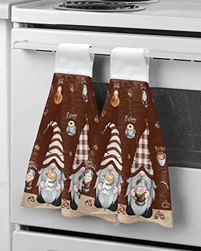 BOBOWUNY Brown Gnomes 2 Pcs Hanging Kitchen Hand Towels, Farmhouse Coffee Casual Time Super Soft Microfiber Tie Towels Aborbent Washcloth for Bathroom Oven Tea Bar