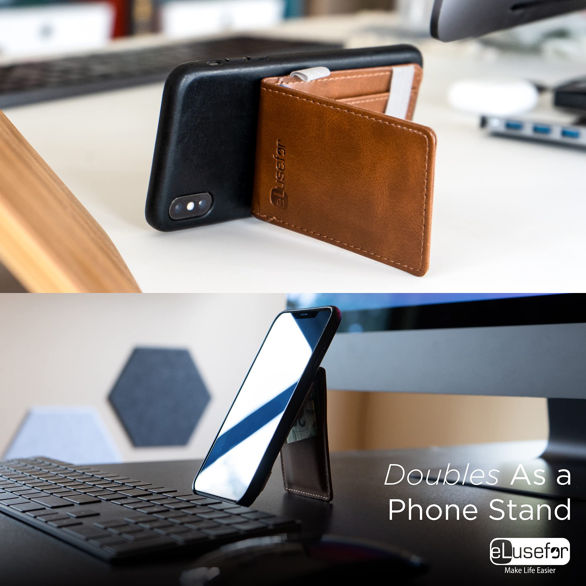 eLusefor Stick-On Phone Wallet & Card Holder for Back of iPhone or Android Case - Black