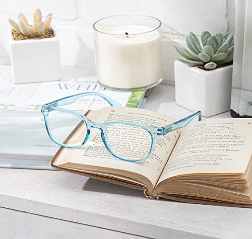Rae Dunn "JUDY Blue Light Blocking Reading Glasses w/READ MORE Signature Font Microfiber Case (Crystal Dusty Blue, 2.0)