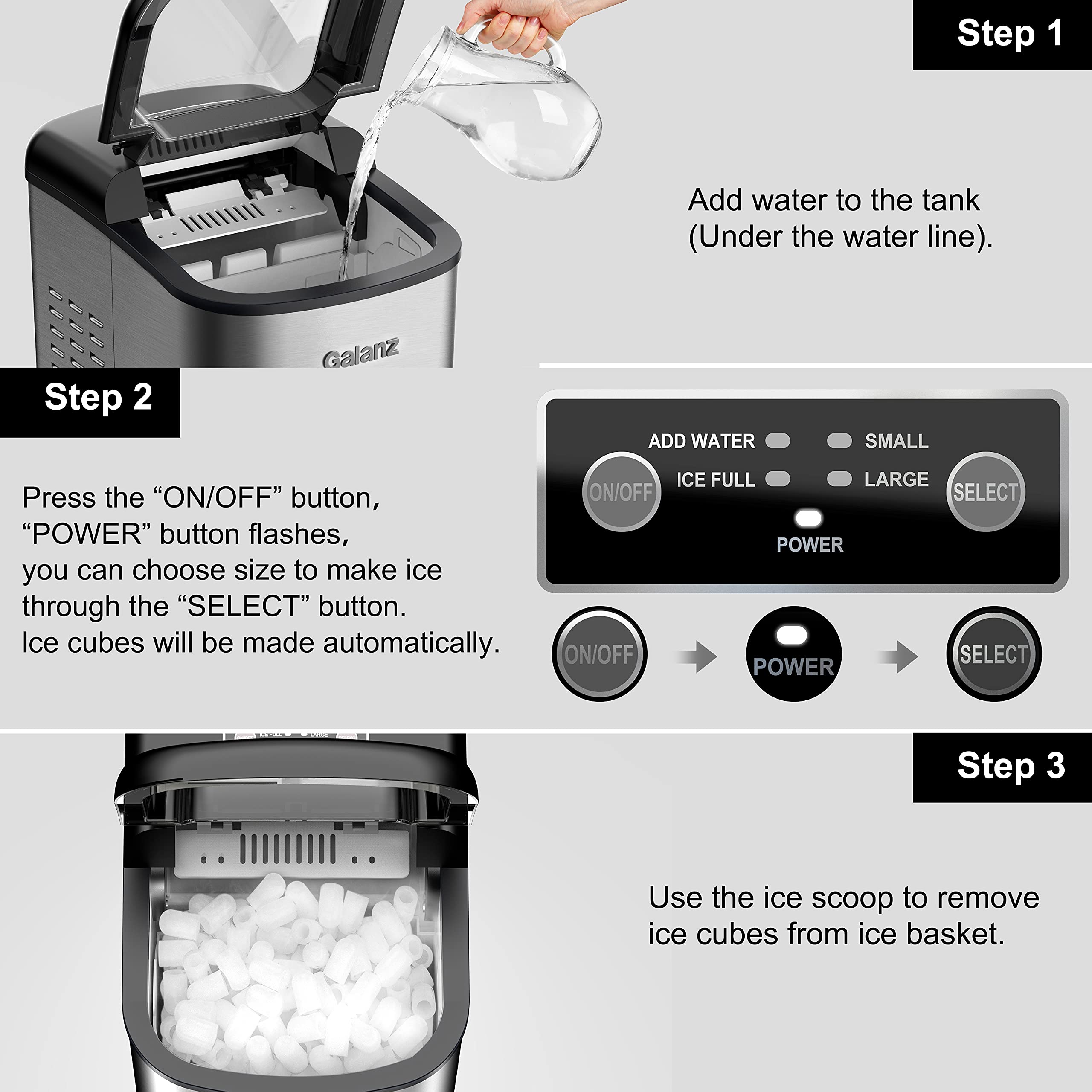 Galanz Portable Countertop Electric Ice Maker Machine, 26 lbs in 24 Hours, 9 Bullet Shaped Cubes Ready in 7 Minutes, 2 Ice Sizes, Perfect for Parties & Home Bar, 2.1 L Stainless Steel
