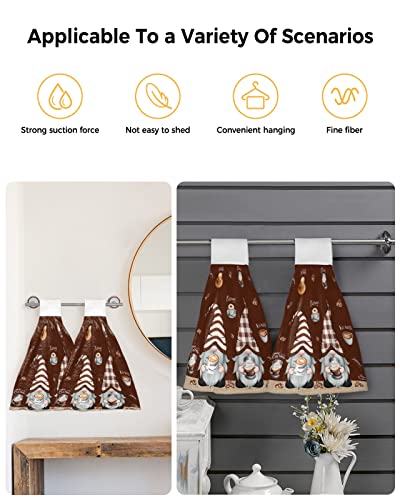 BOBOWUNY Brown Gnomes 2 Pcs Hanging Kitchen Hand Towels, Farmhouse Coffee Casual Time Super Soft Microfiber Tie Towels Aborbent Washcloth for Bathroom Oven Tea Bar