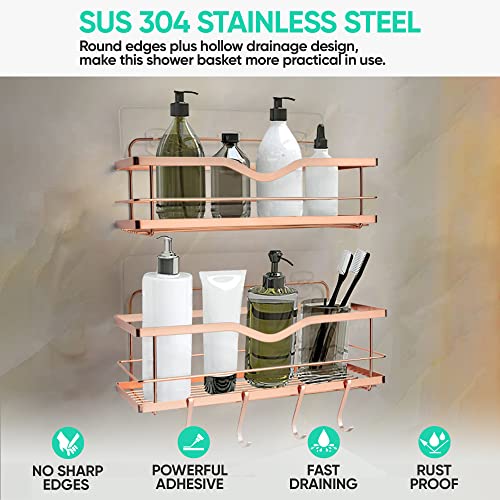 BABYLION1 Rose Gold Bathroom Organizer Shelf – 2 Pack Shower Caddy Baskets with 4 movable Hooks – Rustproof Stainless Steel Strong Adhesive Cute Storage Decor Rack for Inside Shower, Kitchen