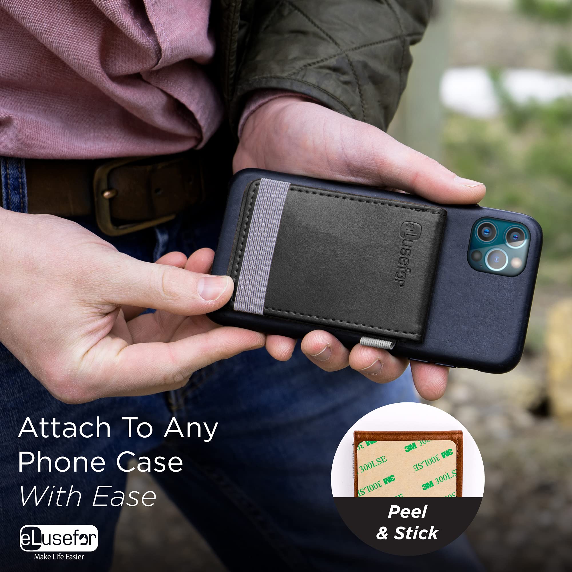 eLusefor Stick-On Phone Wallet & Card Holder for Back of iPhone or Android Case - Black