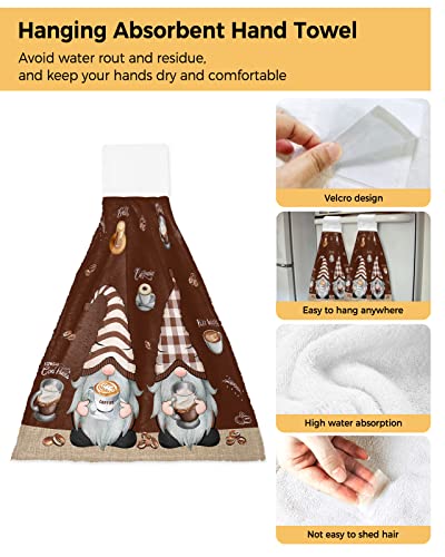 BOBOWUNY Brown Gnomes 2 Pcs Hanging Kitchen Hand Towels, Farmhouse Coffee Casual Time Super Soft Microfiber Tie Towels Aborbent Washcloth for Bathroom Oven Tea Bar