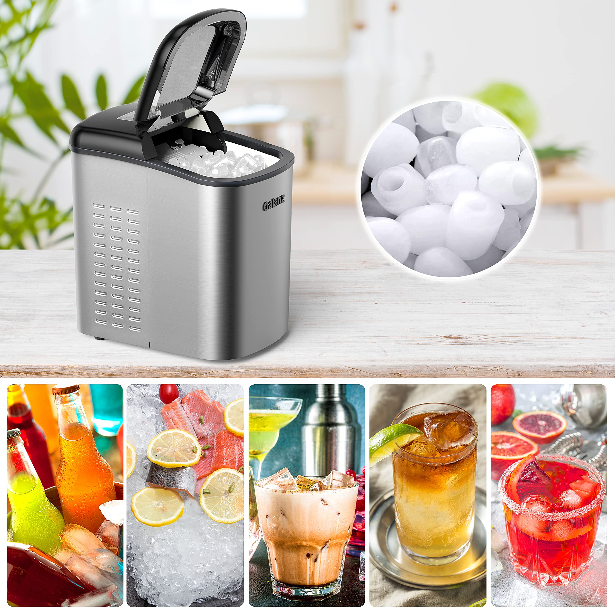 Galanz Portable Countertop Electric Ice Maker Machine, 26 lbs in 24 Hours, 9 Bullet Shaped Cubes Ready in 7 Minutes, 2 Ice Sizes, Perfect for Parties & Home Bar, 2.1 L Stainless Steel