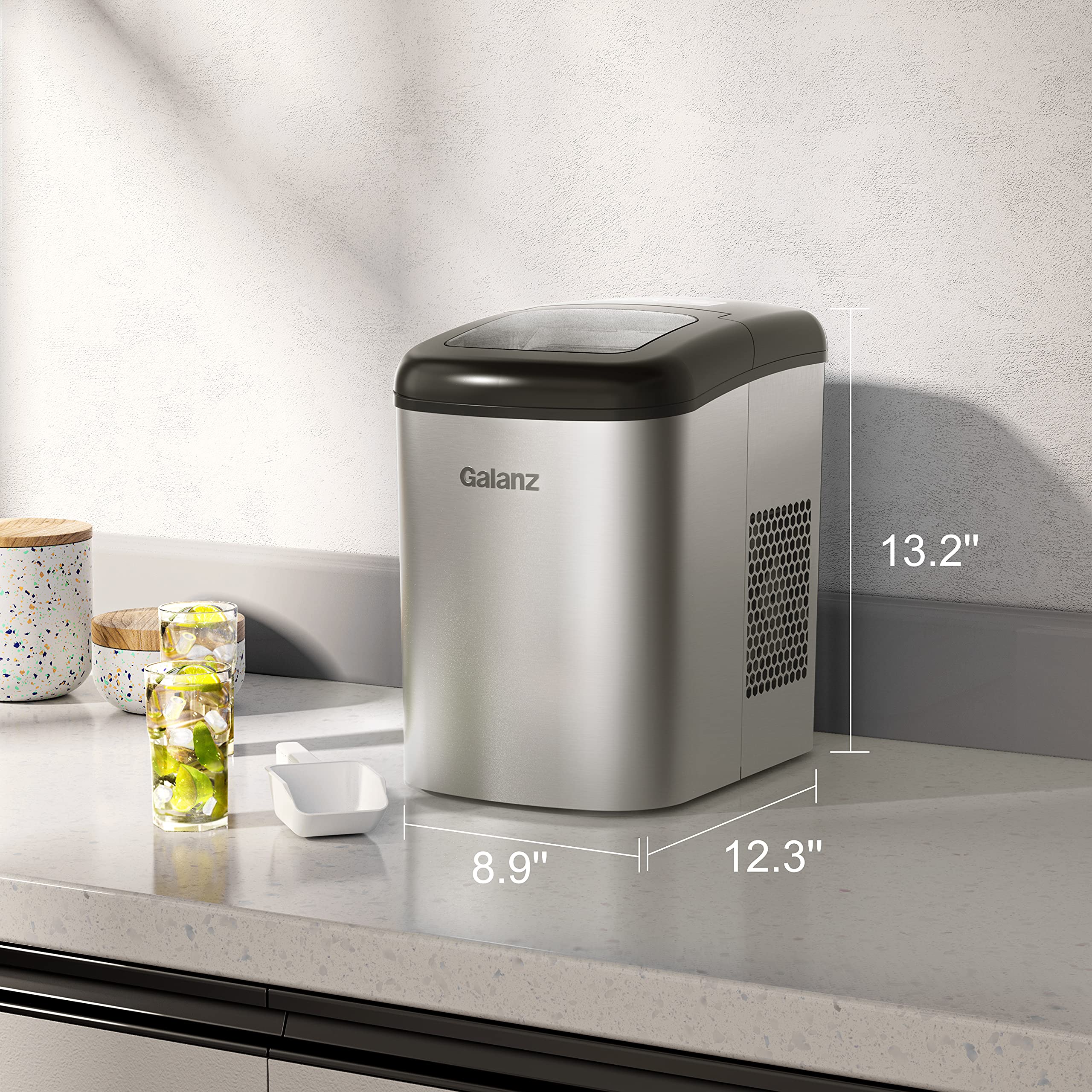 Galanz Portable Countertop Electric Ice Maker Machine, 26 lbs in 24 Hours, 9 Bullet Shaped Cubes Ready in 7 Minutes, 2 Ice Sizes, Perfect for Parties & Home Bar, 2.1 L Stainless Steel