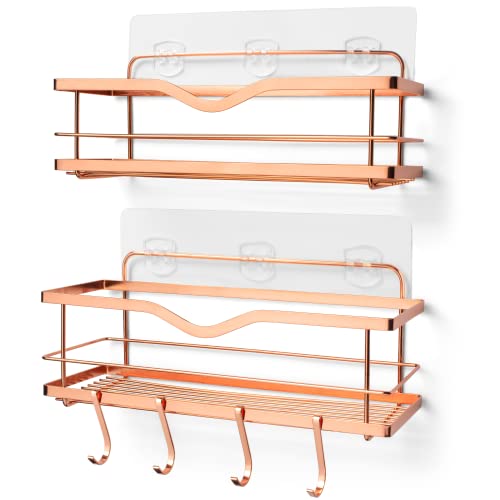 BABYLION1 Rose Gold Bathroom Organizer Shelf – 2 Pack Shower Caddy Baskets with 4 movable Hooks – Rustproof Stainless Steel Strong Adhesive Cute Storage Decor Rack for Inside Shower, Kitchen