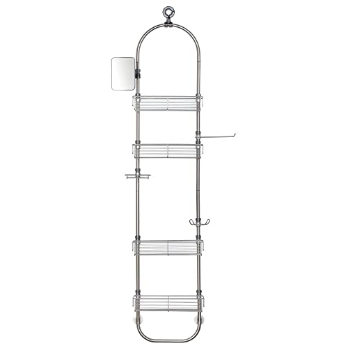 mDesign Metal Bathroom Shower Caddy Station for Shampoo, Conditioner, Hand Soap - Accessory Hook and Towel Bar - 4 Shelf Format, Brushed Stainless Steel