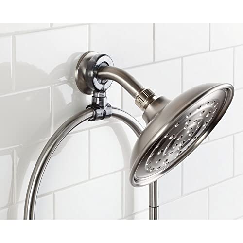 mDesign Metal Bathroom Shower Caddy Station for Shampoo, Conditioner, Hand Soap - Accessory Hook and Towel Bar - 4 Shelf Format, Brushed Stainless Steel