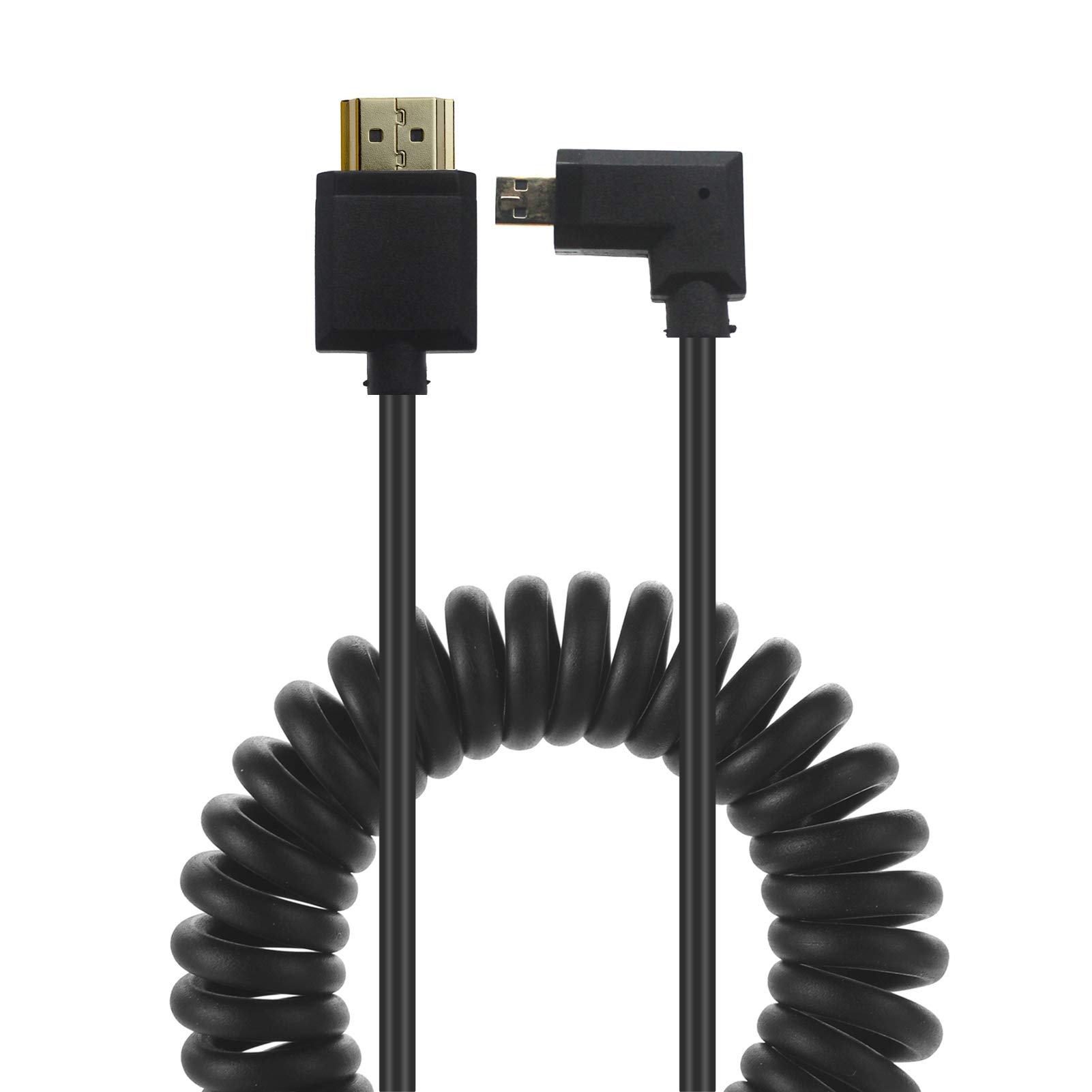 MOTONG Standard 4K HDMI 2.0 to Micro HDMI Cable, Coiled Micro HDMI Male 90 Degree Left Angle to HDMI 2.0 Male Cable Cord 4K@60Hz(1.2M, M to M Left Angle)