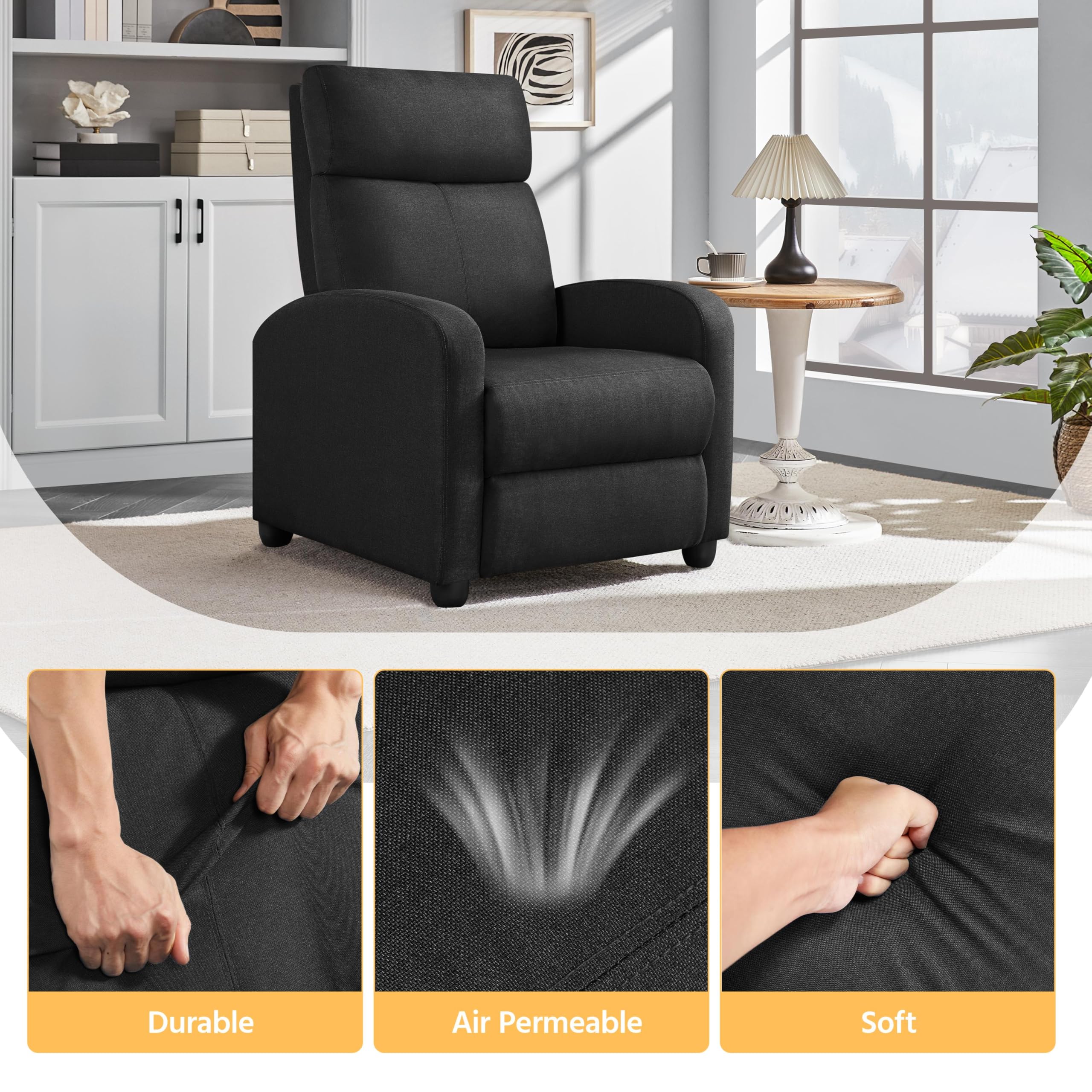 Yaheetech Fabric Recliner Chair Sofa Ergonomic Adjustable Single Sofa with Thicker Seat Cushion Modern Home Theater Seating for Living Room Matte Black