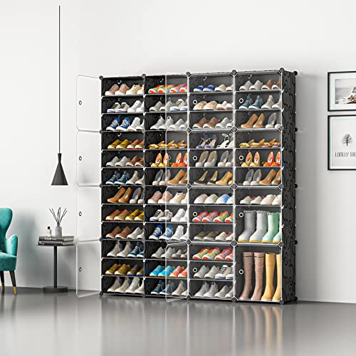 Aeitc Shoe Rack 12 Tiers Shoe Organizer Narrow Standing Stackable Shoe Storage Cabinet for Closet,black with doors,96 pairs