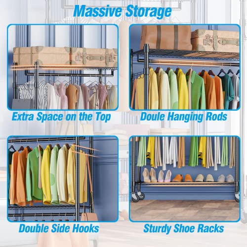 Homdox Double Rod Closet 3 Shelves Wire Shelving Clothing Rolling Rack Heavy Duty Garment Rack with Wheels and Side Hooks, 2-Pack