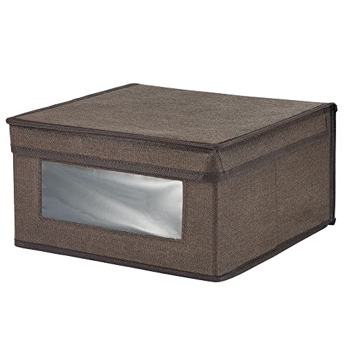mDesign Medium Fabric Stackable Closet Storage Organizer Bin Box with Front Window and Lid for Bedroom, Office, Mudroom Organization - Holds Clothes, Blankets, Linens, Lido Collection - Espresso Brown