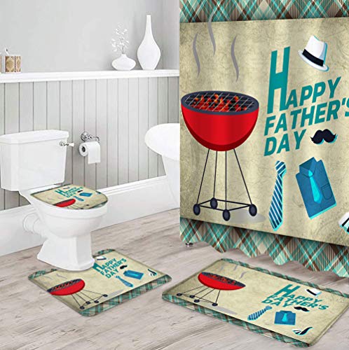 4 Pcs Bathroom Shower Curtains Sets With Rugs, Happy Father's Day, Luxury Toilet Lid Cover, Bath Mat,Waterproof Fabric Shower Curtain with 12 Hooks For Hotel/Bathroom BBQ Plaid Check Green