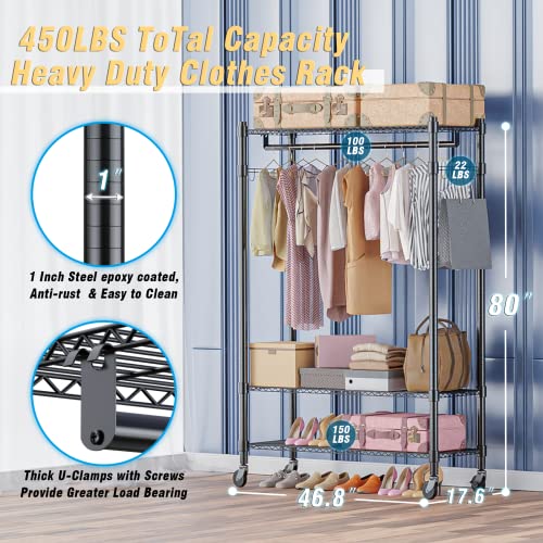 Homdox Double Rod Closet 3 Shelves Wire Shelving Clothing Rolling Rack Heavy Duty Garment Rack with Wheels and Side Hooks, 2-Pack