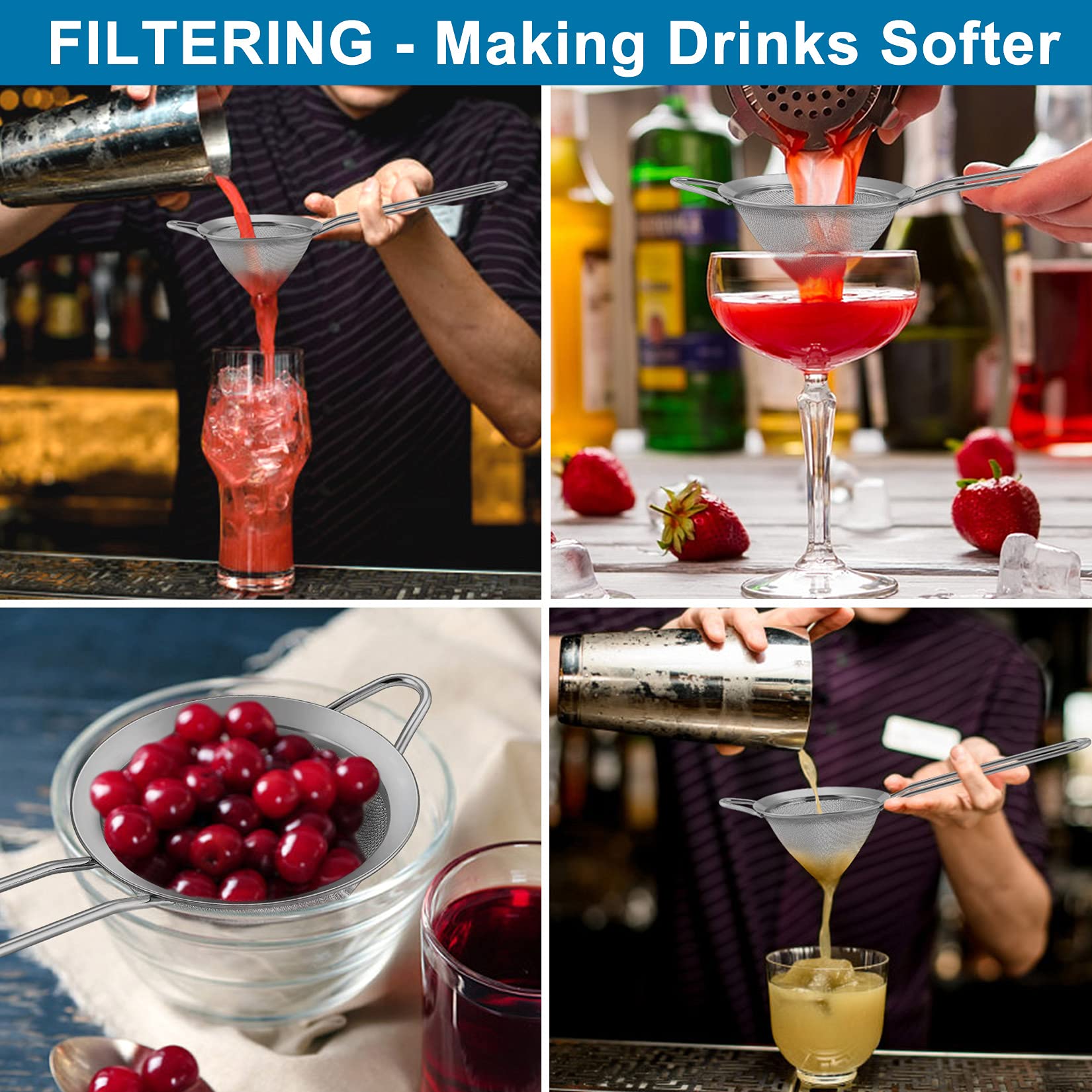 Fine Mesh Strainer Set of 2, P&P CHEF 3.3” Stainless Steel Conical Sieve Tea Strainer with Long Handle for Kitchen, Filtering Tea, Coffee, Cocktail, Juice, Healthy & Dishwasher Safe, (Silver)