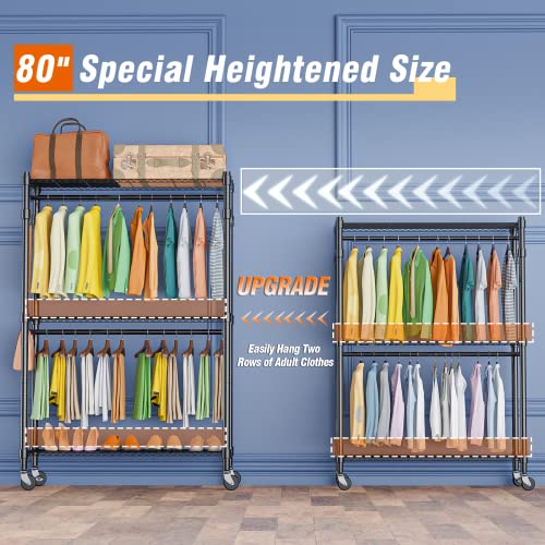 Homdox Double Rod Closet 3 Shelves Wire Shelving Clothing Rolling Rack Heavy Duty Garment Rack with Wheels and Side Hooks, 2-Pack