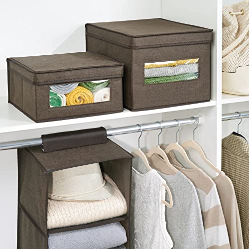 mDesign Medium Fabric Stackable Closet Storage Organizer Bin Box with Front Window and Lid for Bedroom, Office, Mudroom Organization - Holds Clothes, Blankets, Linens, Lido Collection - Espresso Brown