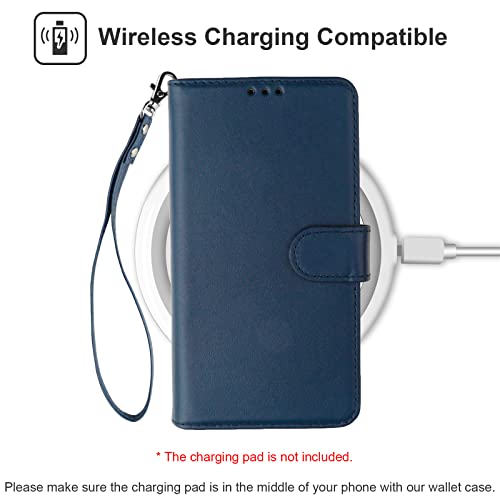ONETOP for Samsung Galaxy S21 Ultra Wallet Case with Card Holder, Genuine Leather RFID Blocking Kickstand Wireless Charging Compatible, Long Magnetic Clasp Folio Cover with Wrist Strap 6.8 Inch Blue