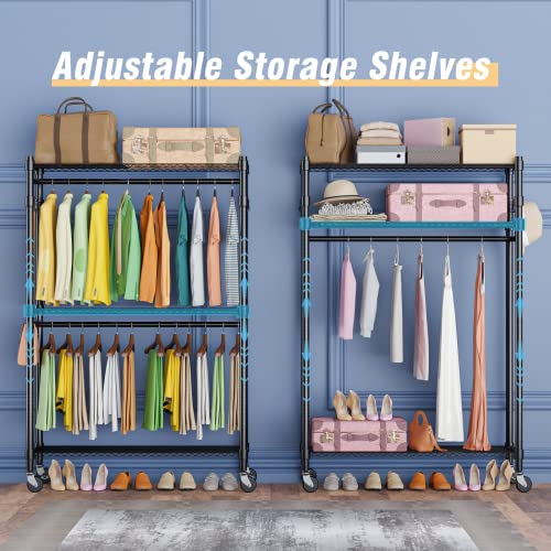 Homdox Double Rod Closet 3 Shelves Wire Shelving Clothing Rolling Rack Heavy Duty Garment Rack with Wheels and Side Hooks, 2-Pack