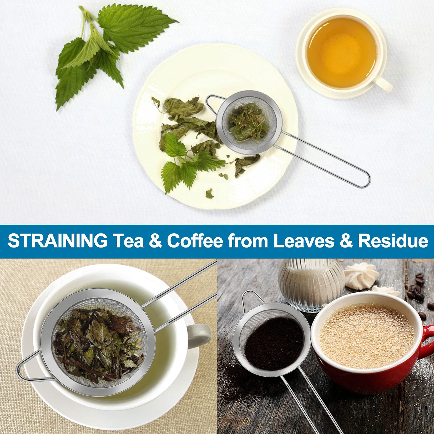 Fine Mesh Strainer Set of 2, P&P CHEF 3.3” Stainless Steel Conical Sieve Tea Strainer with Long Handle for Kitchen, Filtering Tea, Coffee, Cocktail, Juice, Healthy & Dishwasher Safe, (Silver)